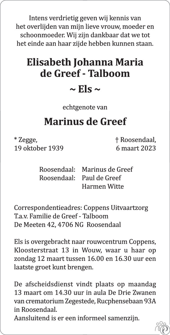 Elisabeth Johanna Maria (Els) de Greef-Talboom 06-03-2023 ...