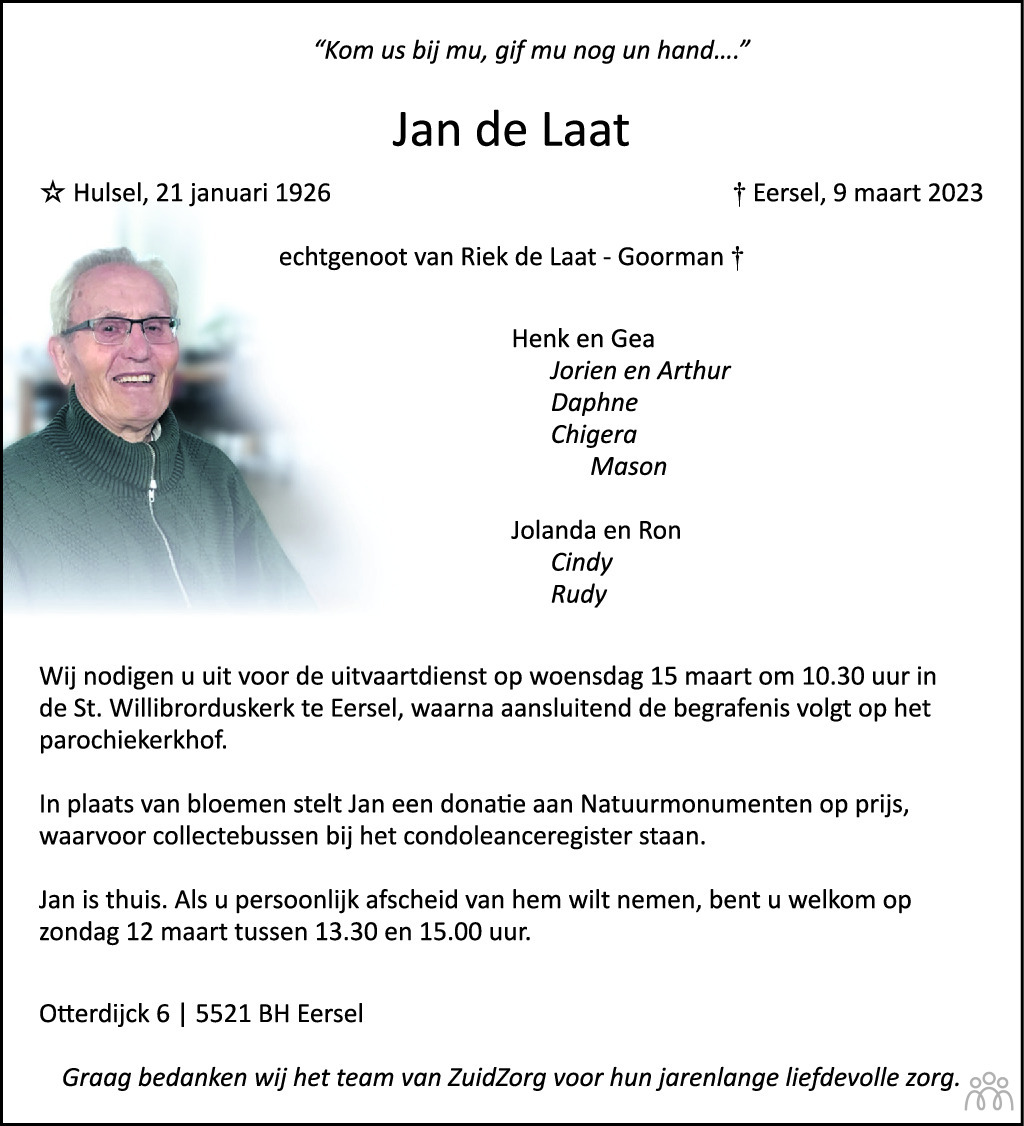 Jan de Laat 09-03-2023 overlijdensbericht en condoleances - Mensenlinq.nl