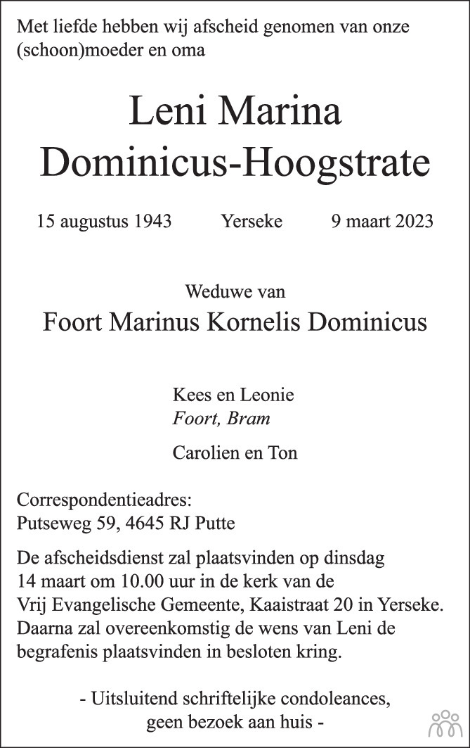 Leni Marina Dominicus-Hoogstrate 09-03-2023 overlijdensbericht en ...