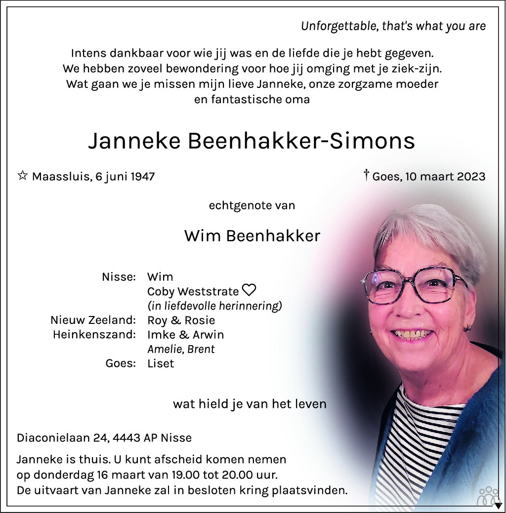 Janneke Beenhakker-Simons 10-03-2023 overlijdensbericht en condoleances ...