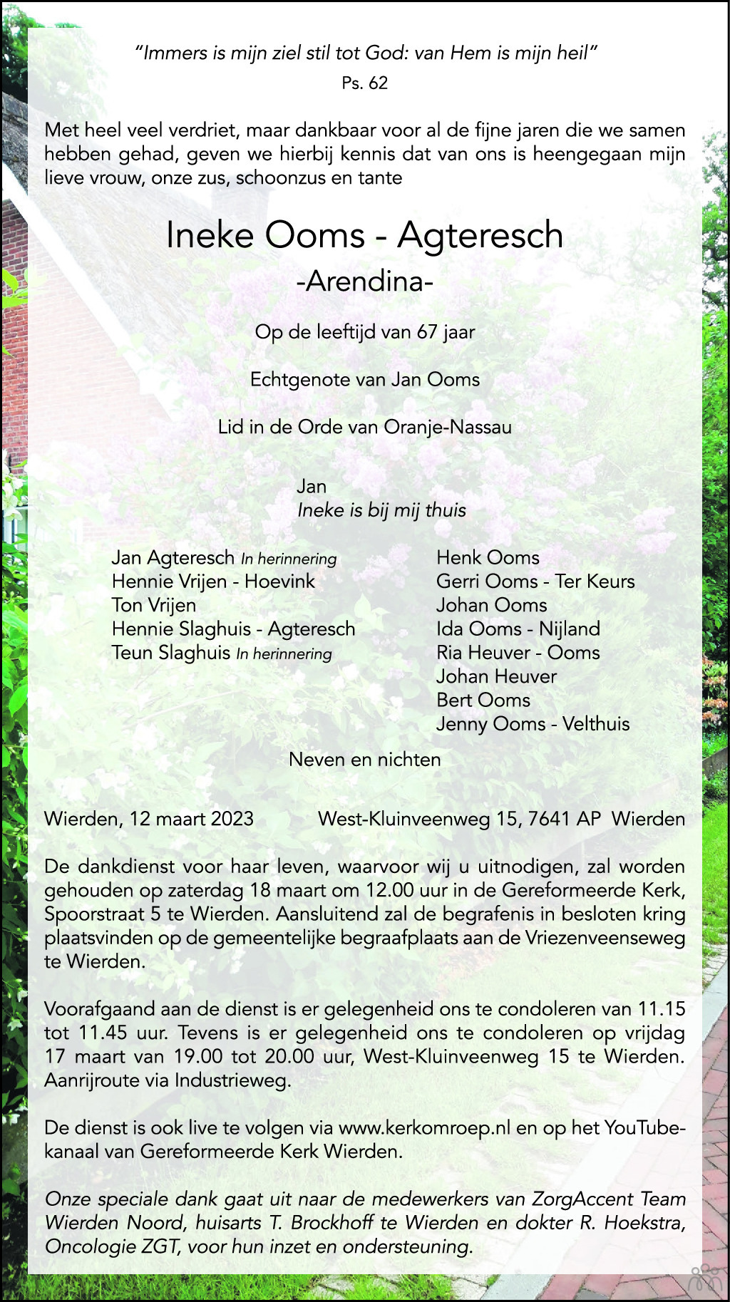 Ineke (Arendina) Ooms-Agteresch 12-03-2023 overlijdensbericht en ...