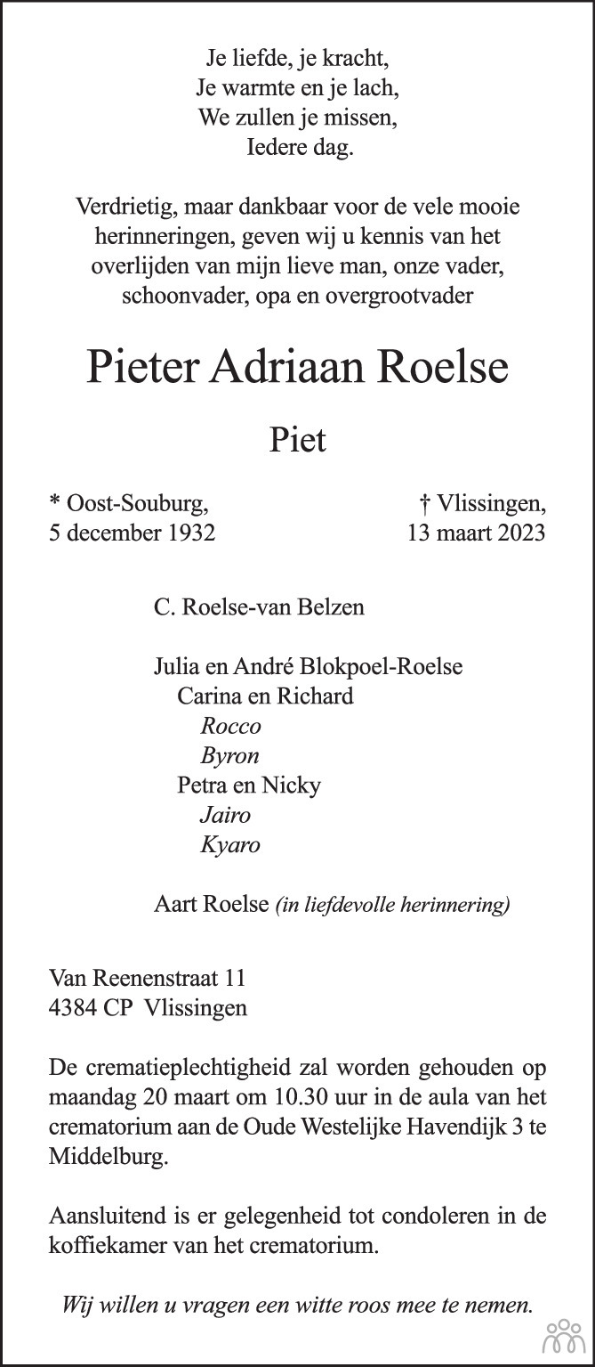 Pieter Adriaan (Piet) Roelse 13-03-2023 overlijdensbericht en ...