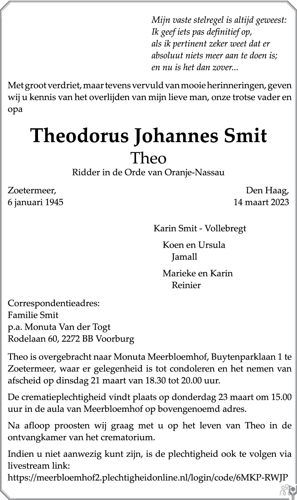 Theodorus Johannes (Theo) Smit 14-03-2023 overlijdensbericht en ...