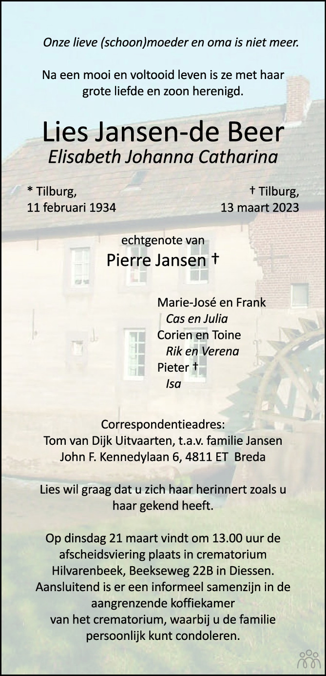 Lies (Elisabeth Johanna Catharina) Jansen-de Beer 13-03-2023 ...