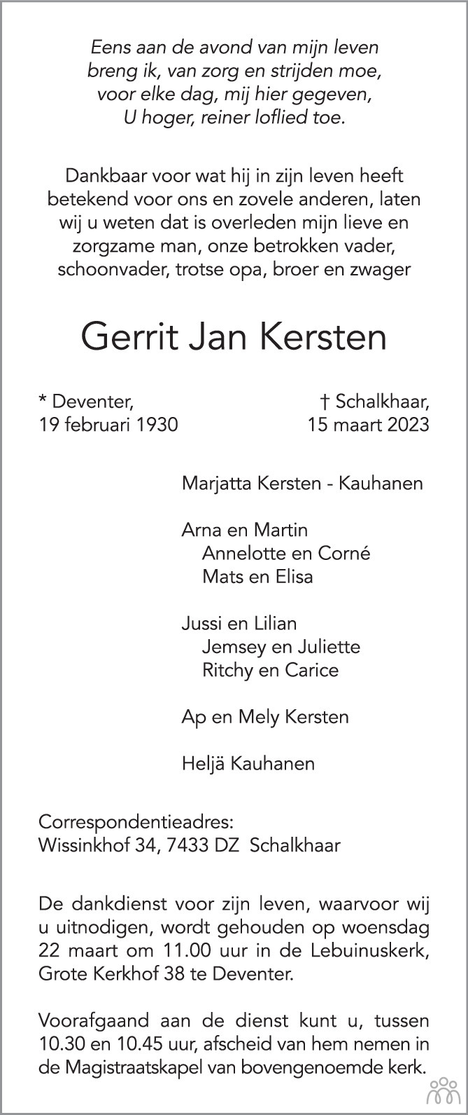 Gerrit Jan Kersten 15-03-2023 overlijdensbericht en condoleances ...