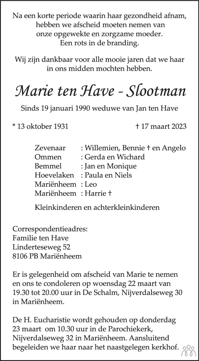 Marie ten Have-Slootman 17-03-2023 overlijdensbericht en condoleances ...