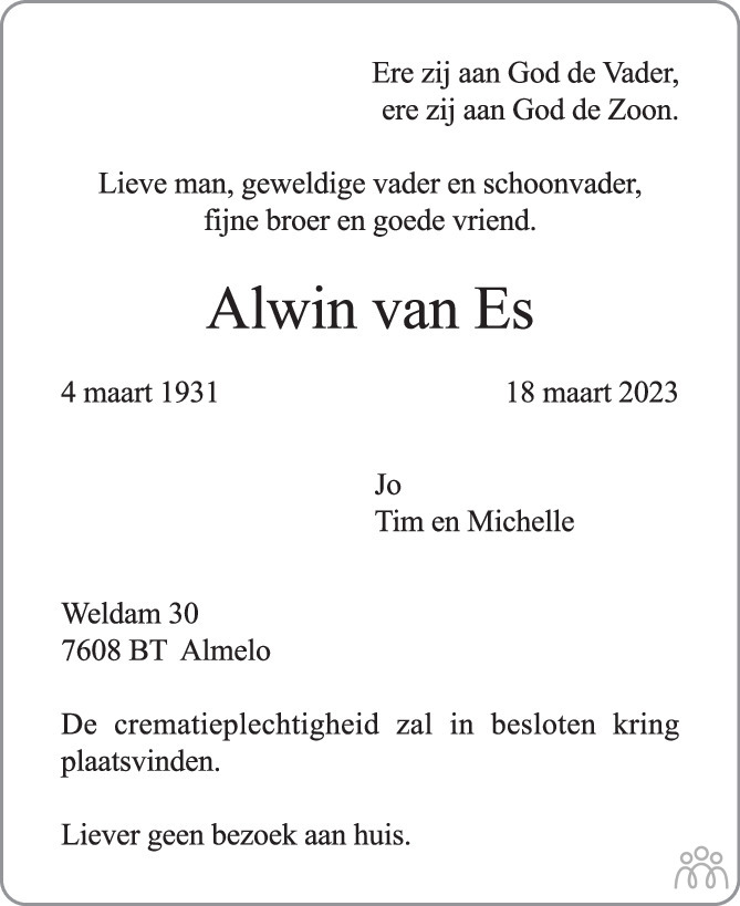 Alwin van Es 18-03-2023 overlijdensbericht en condoleances - Mensenlinq.nl