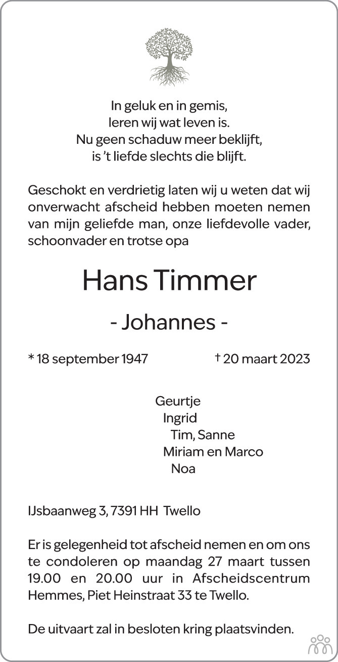 Hans (Johannes) Timmer 20-03-2023 overlijdensbericht en condoleances ...