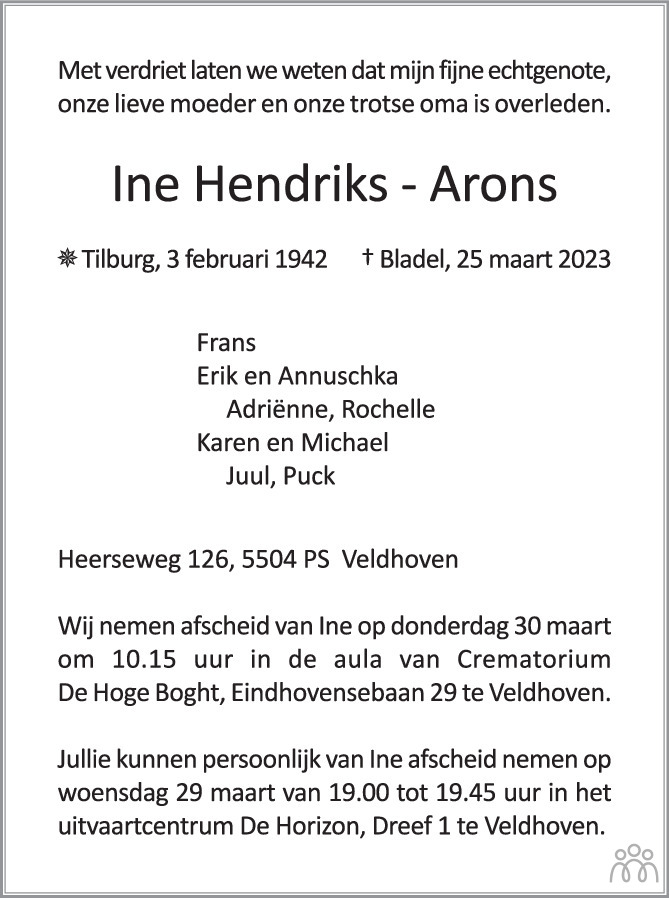 Ine Hendriks-Arons 25-03-2023 overlijdensbericht en condoleances ...
