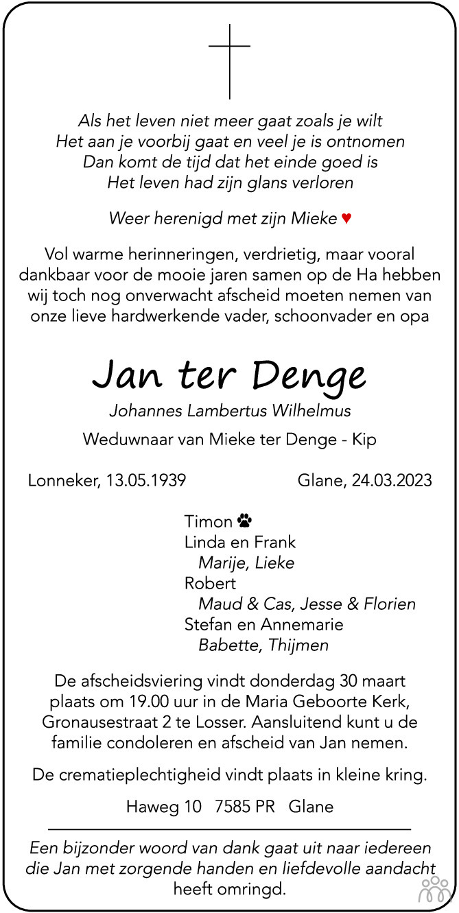 Jan ter Denge 24-03-2023 overlijdensbericht en condoleances - Mensenlinq.nl