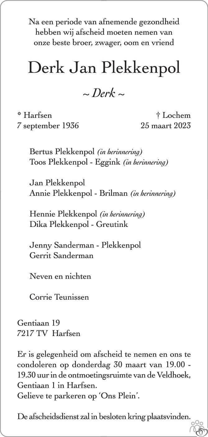Derk Jan (Derk) Plekkenpol 25-03-2023 overlijdensbericht en ...
