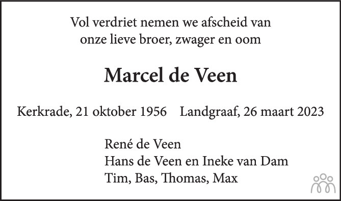Marcel de Veen 26-03-2023 overlijdensbericht en condoleances ...