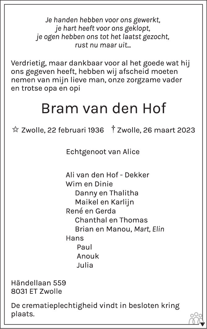 Bram van den Hof 26-03-2023 overlijdensbericht en condoleances ...