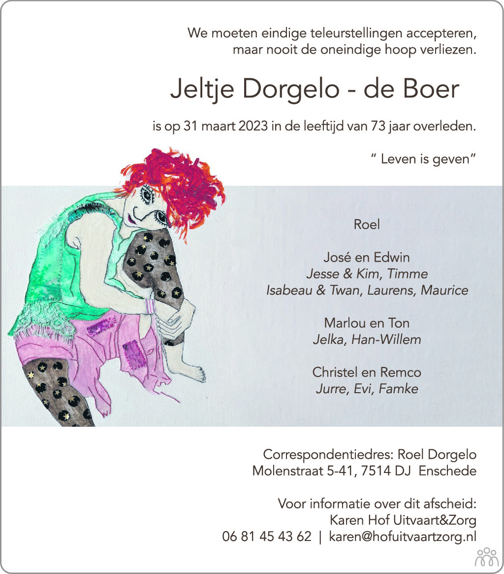 Jeltje Dorgelo-de Boer 31-03-2023 overlijdensbericht en condoleances ...