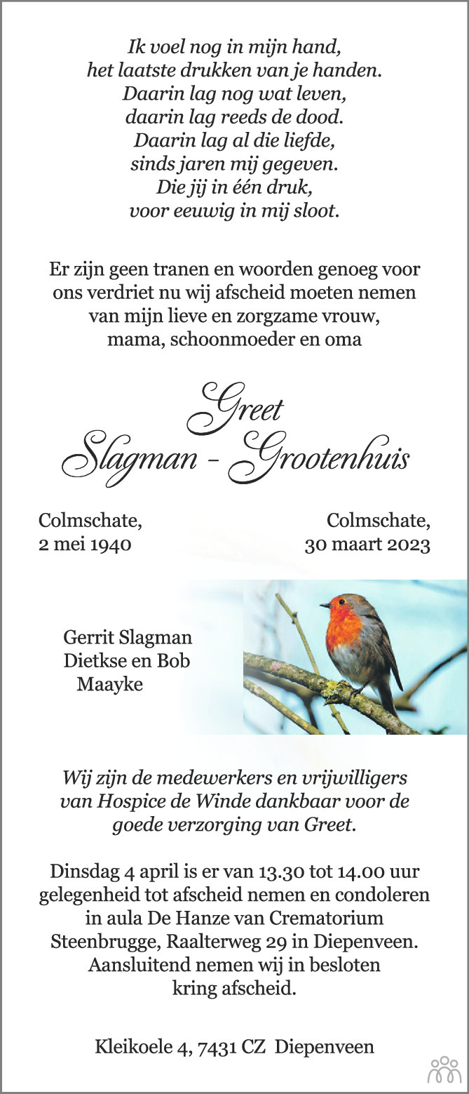 Greet Slagman-Grootenhuis 30-03-2023 overlijdensbericht en condoleances - Mensenlinq.nl