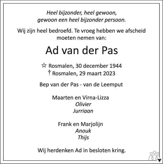 Ad van der Pas 29-03-2023 overlijdensbericht en condoleances ...