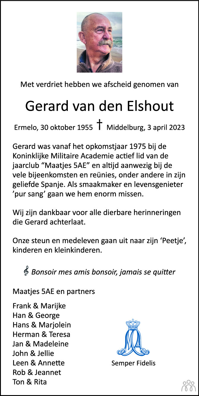 Gerard van den Elshout 03-04-2023 overlijdensbericht en condoleances ...