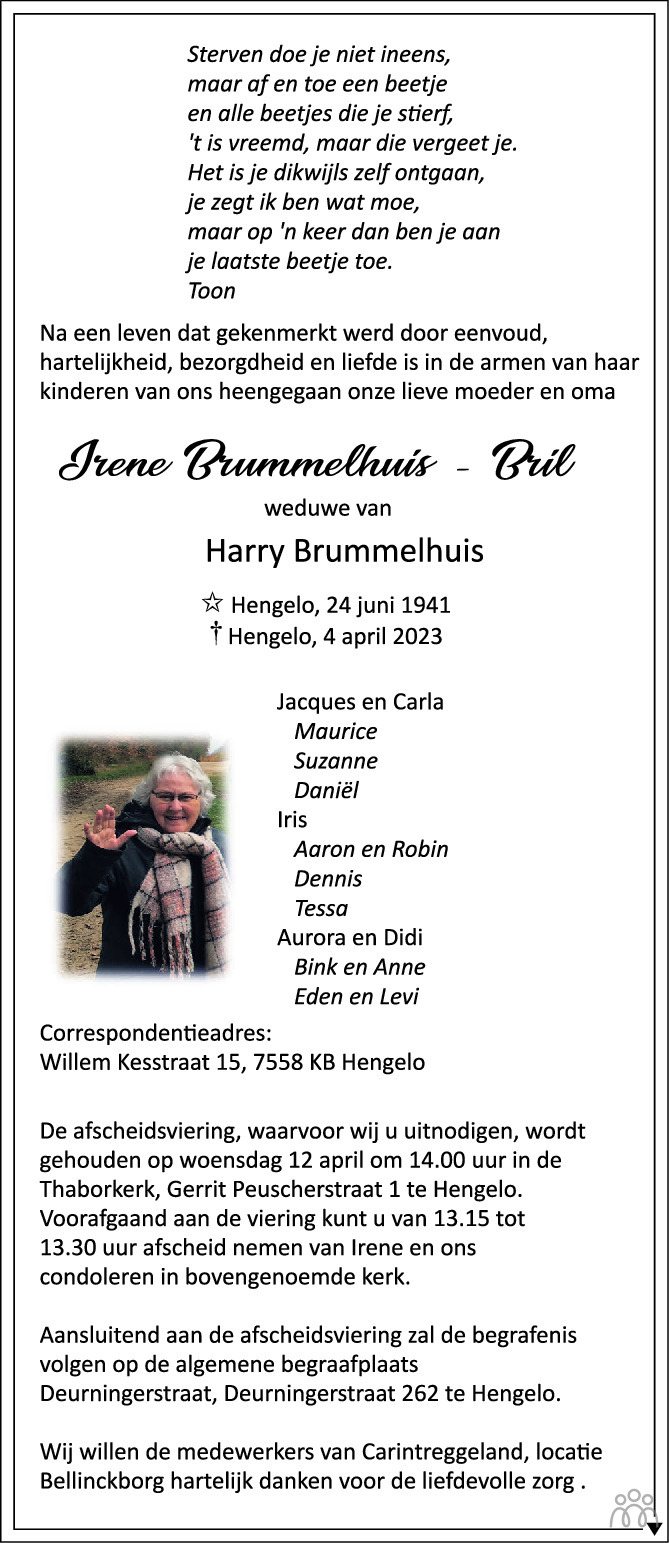 Irene Brummelhuis-Bril 04-04-2023 overlijdensbericht en condoleances ...