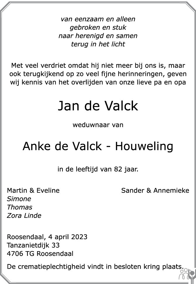 Jan de Valck 04-04-2023 overlijdensbericht en condoleances - Mensenlinq.nl