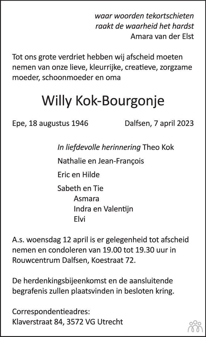 Willy Kok-Bourgonje 07-04-2023 overlijdensbericht en condoleances - Mensenlinq.nl