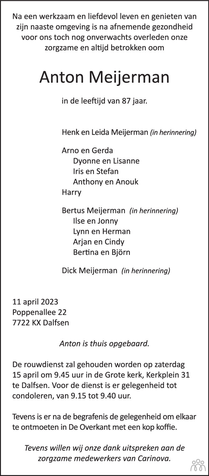 Anton Meijerman 11-04-2023 overlijdensbericht en condoleances - Mensenlinq.nl