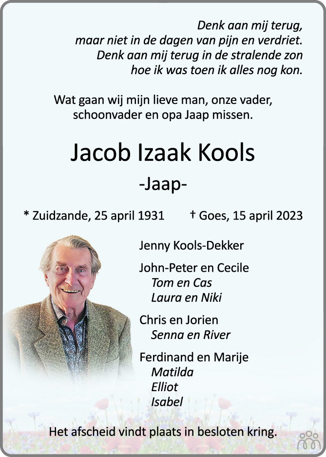 Jacob Izaak (Jaap) Kools 15-04-2023 overlijdensbericht en condoleances ...