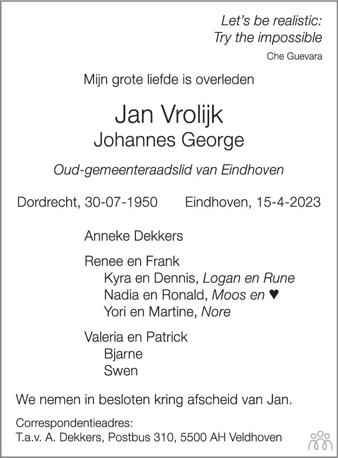 Jan (Johannes George) Vrolijk 15-04-2023 overlijdensbericht en ...