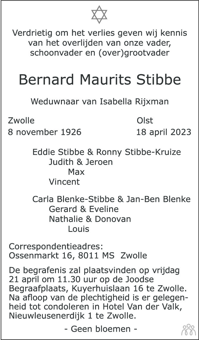 Bernard Maurits Stibbe 18-04-2023 overlijdensbericht en condoleances ...