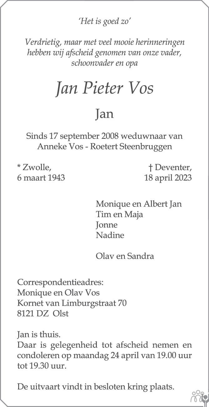 Jan Pieter (Jan) Vos 18-04-2023 overlijdensbericht en condoleances ...
