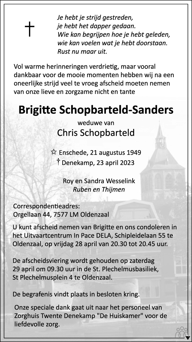 Brigitte Schopbarteld-Sanders 23-04-2023 overlijdensbericht en ...