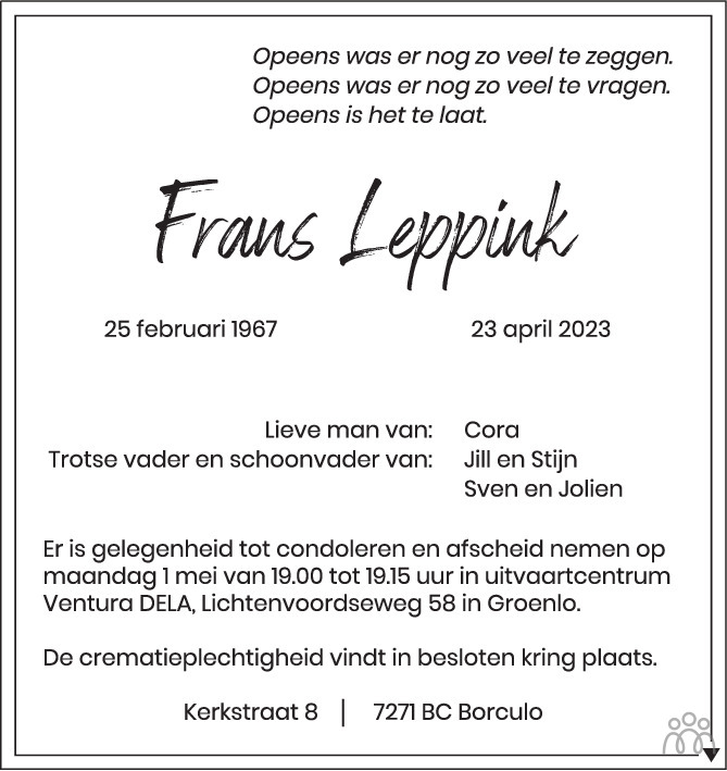 Frans Leppink 23-04-2023 overlijdensbericht en condoleances - Mensenlinq.nl Frans Leppink 23-04-2023 overlijdensbericht en condoleances - Mensenlinq.nl
