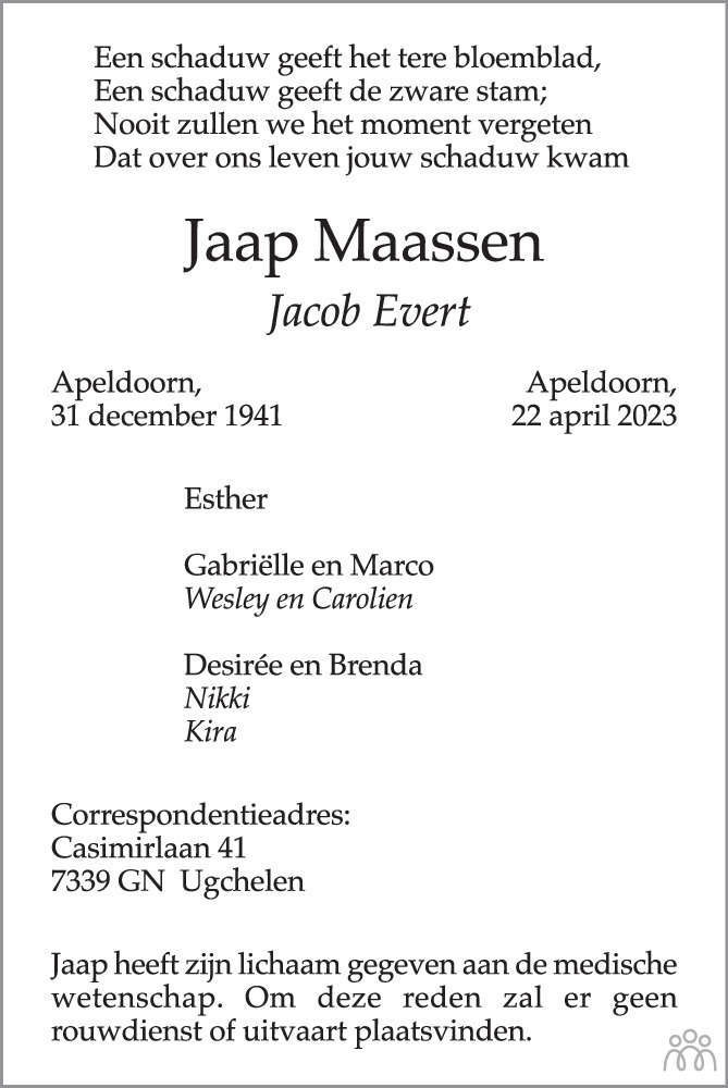 Jaap (Jacob Evert) Maassen 22-04-2023 overlijdensbericht en ...