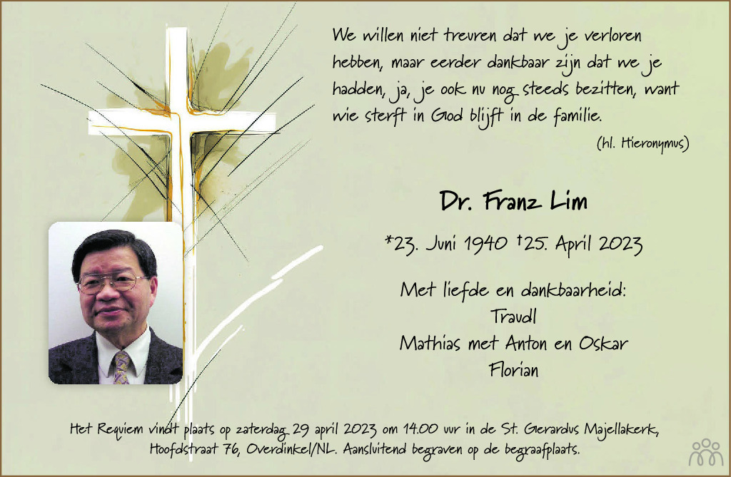 Franz Lim 25-04-2023 overlijdensbericht en condoleances - Mensenlinq.nl