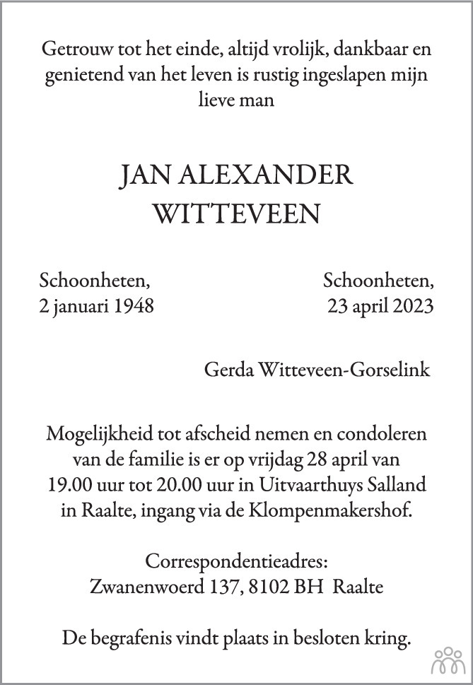 Jan Alexander Witteveen 23-04-2023 overlijdensbericht en condoleances ...