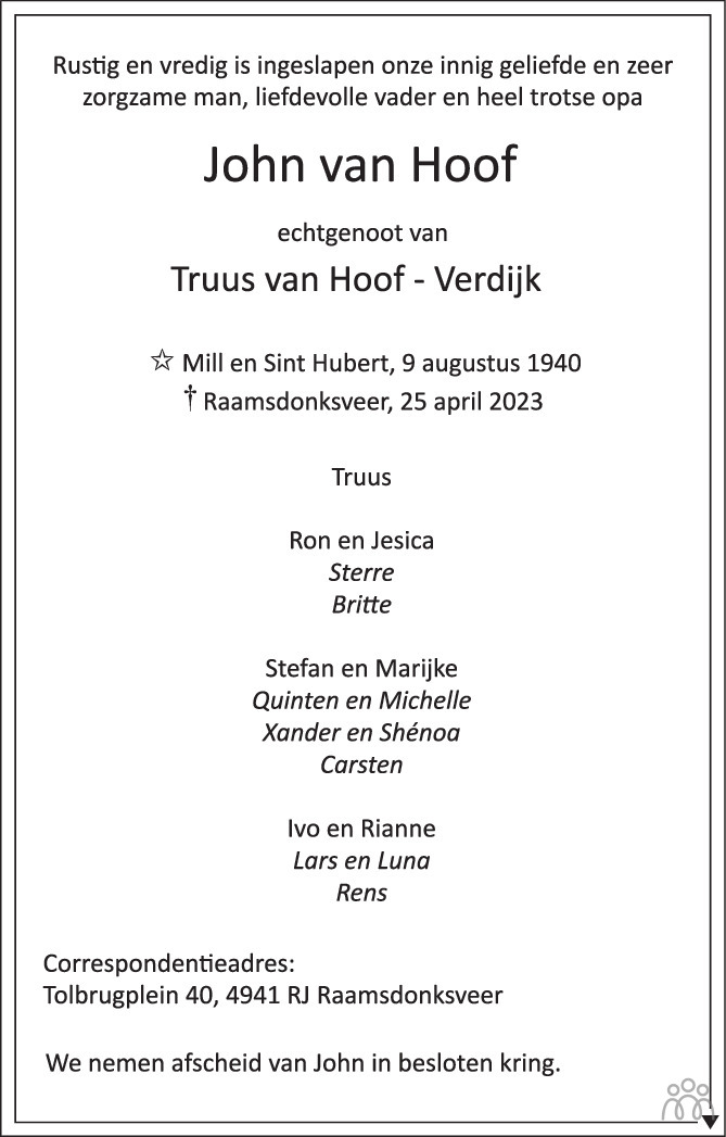 John van Hoof 25-04-2023 overlijdensbericht en condoleances - Mensenlinq.nl