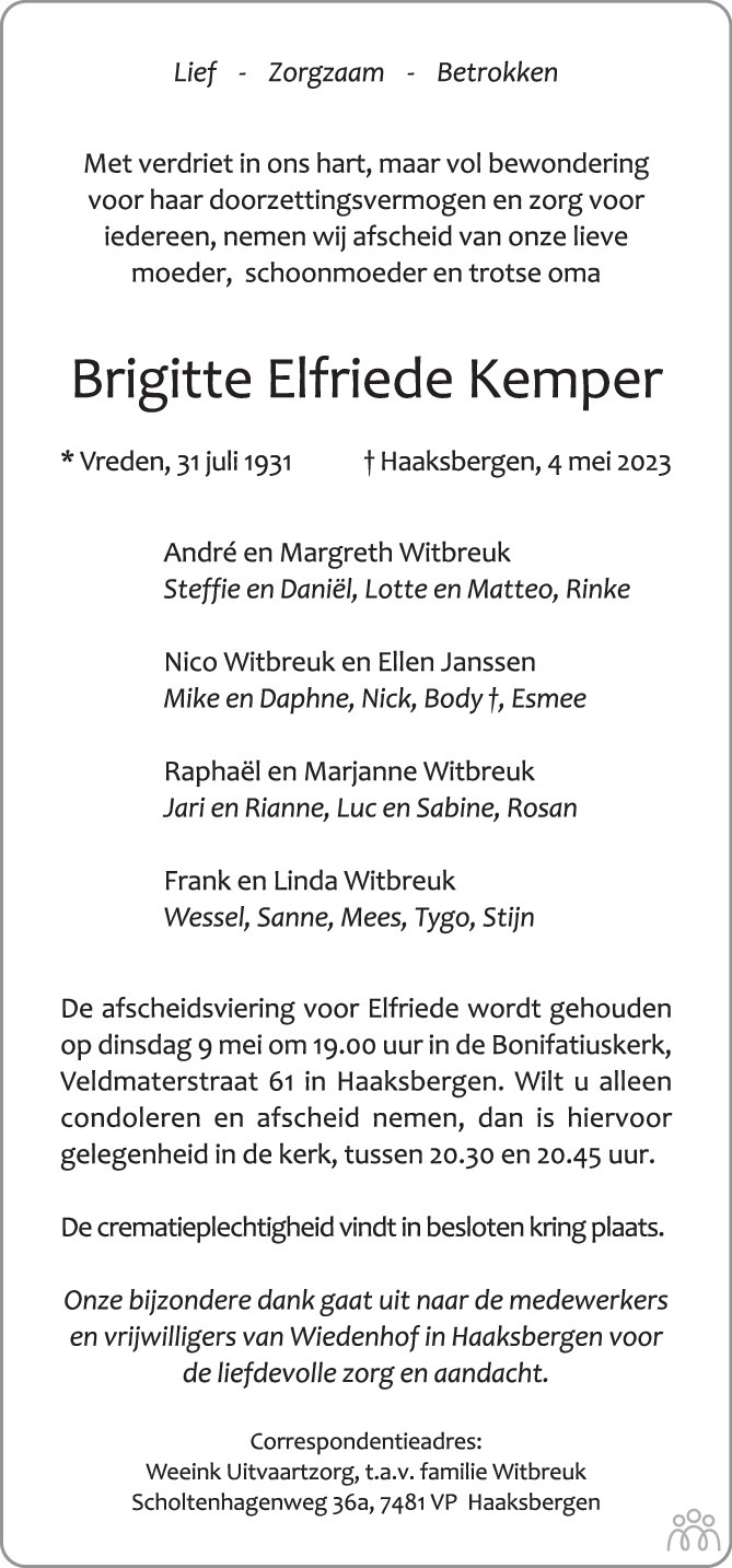 Brigitte Elfriede Kemper 04-05-2023 overlijdensbericht en condoleances ...