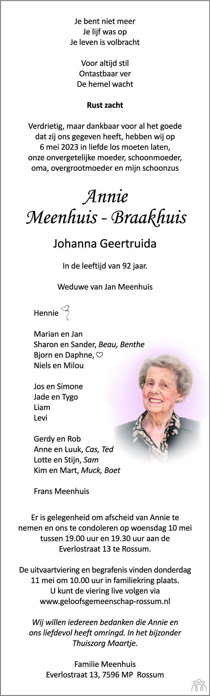 Annie (Johanna Geertruida) Meenhuis-Braakhuis 06-05-2023 ...