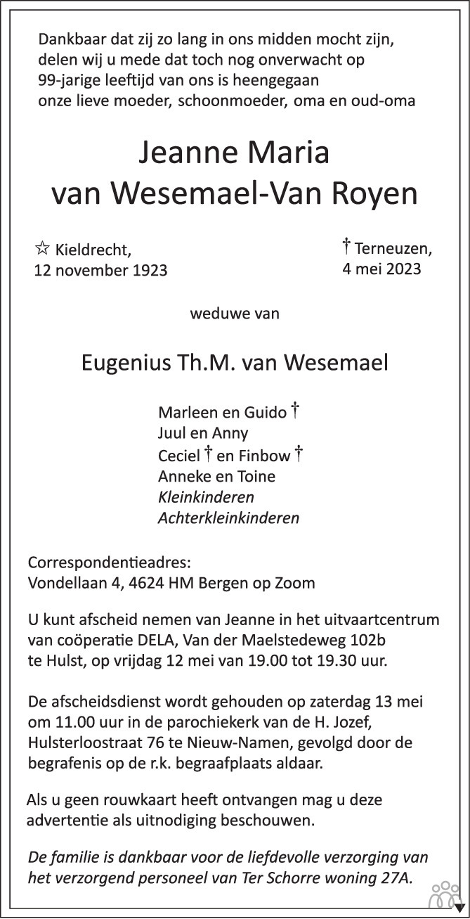 Jeanne Maria van Wesemael-Van Royen 04-05-2023 overlijdensbericht en ...