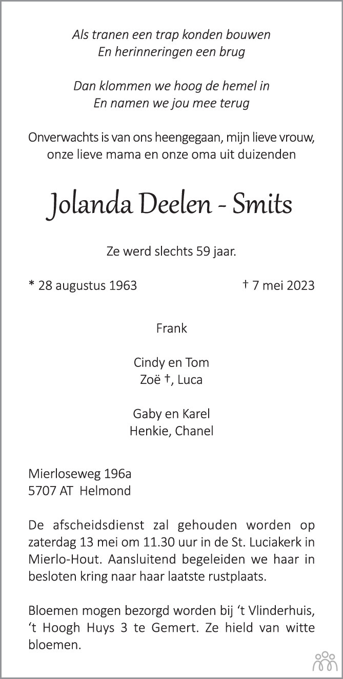 Jolanda Deelen-Smits 07-05-2023 overlijdensbericht en condoleances ...