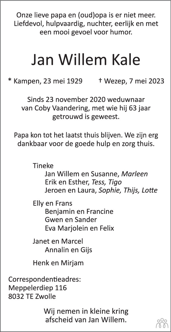 Jan Willem Kale 07-05-2023 overlijdensbericht en condoleances ...