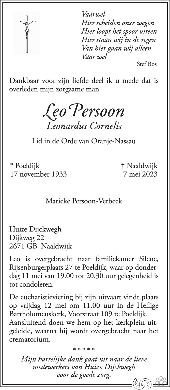 Leo (Leonardus Cornelis) Persoon 07-05-2023 overlijdensbericht en condoleances - Mensenlinq.nl