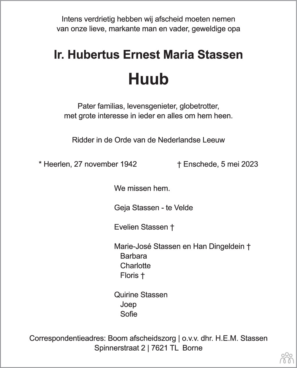 Ir. Hubertus Ernest Maria (Huub) Stassen 05-05-2023 overlijdensbericht ...
