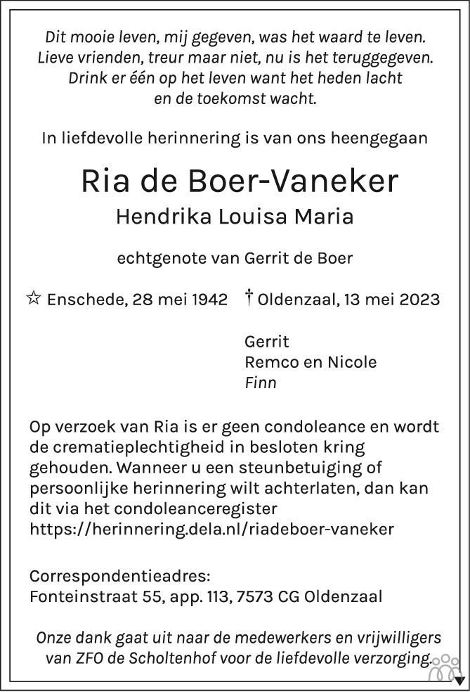 Ria (Hendrika Louisa Maria) de Boer-Vaneker 13-05-2023 ...