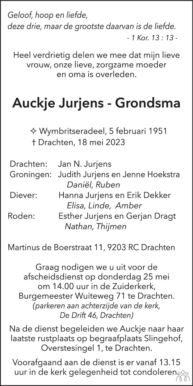 Auckje Jurjens-Grondsma 18-05-2023 overlijdensbericht en condoleances ...