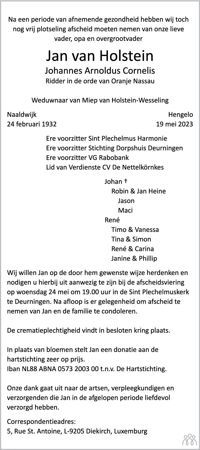 Jan (Johannes Arnoldus Cornelis) van Holstein 19-05-2023 ...