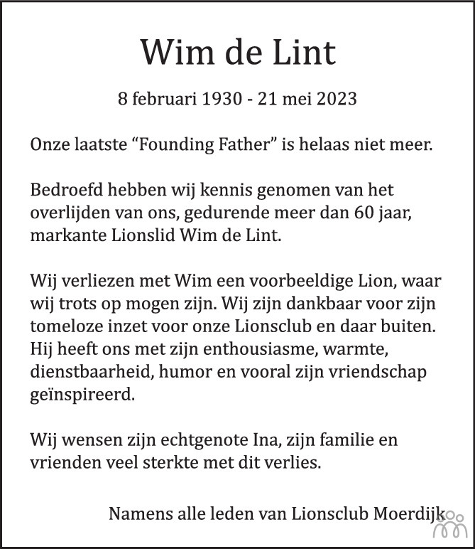 Wim de Lint 22-05-2023 overlijdensbericht en condoleances - Mensenlinq.nl