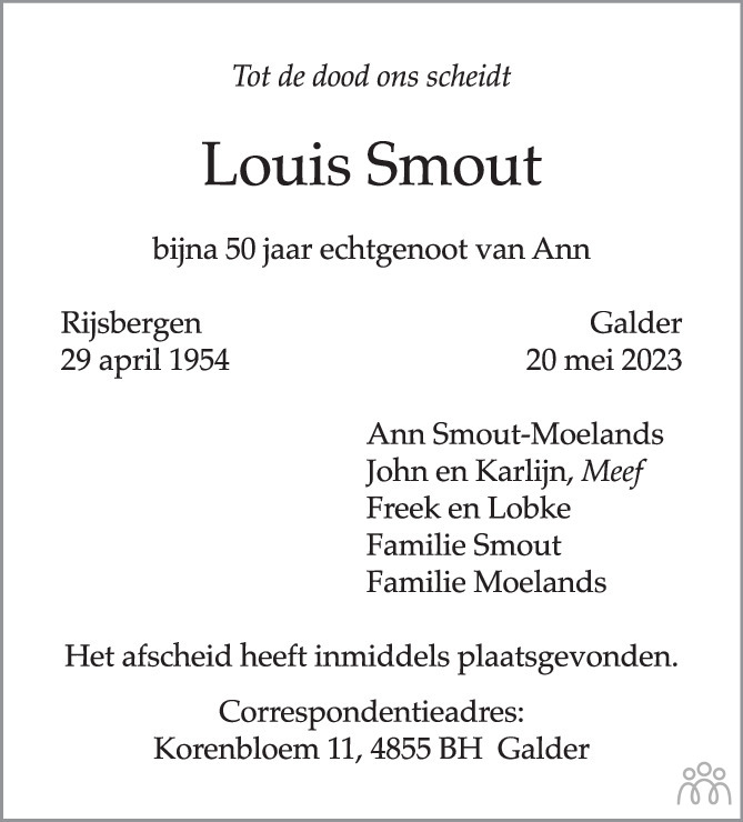 Louis Smout 20-05-2023 overlijdensbericht en condoleances - Mensenlinq.nl