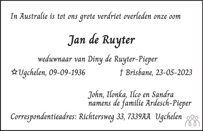 Jan de Ruyter 23-05-2023 overlijdensbericht en condoleances - Mensenlinq.nl