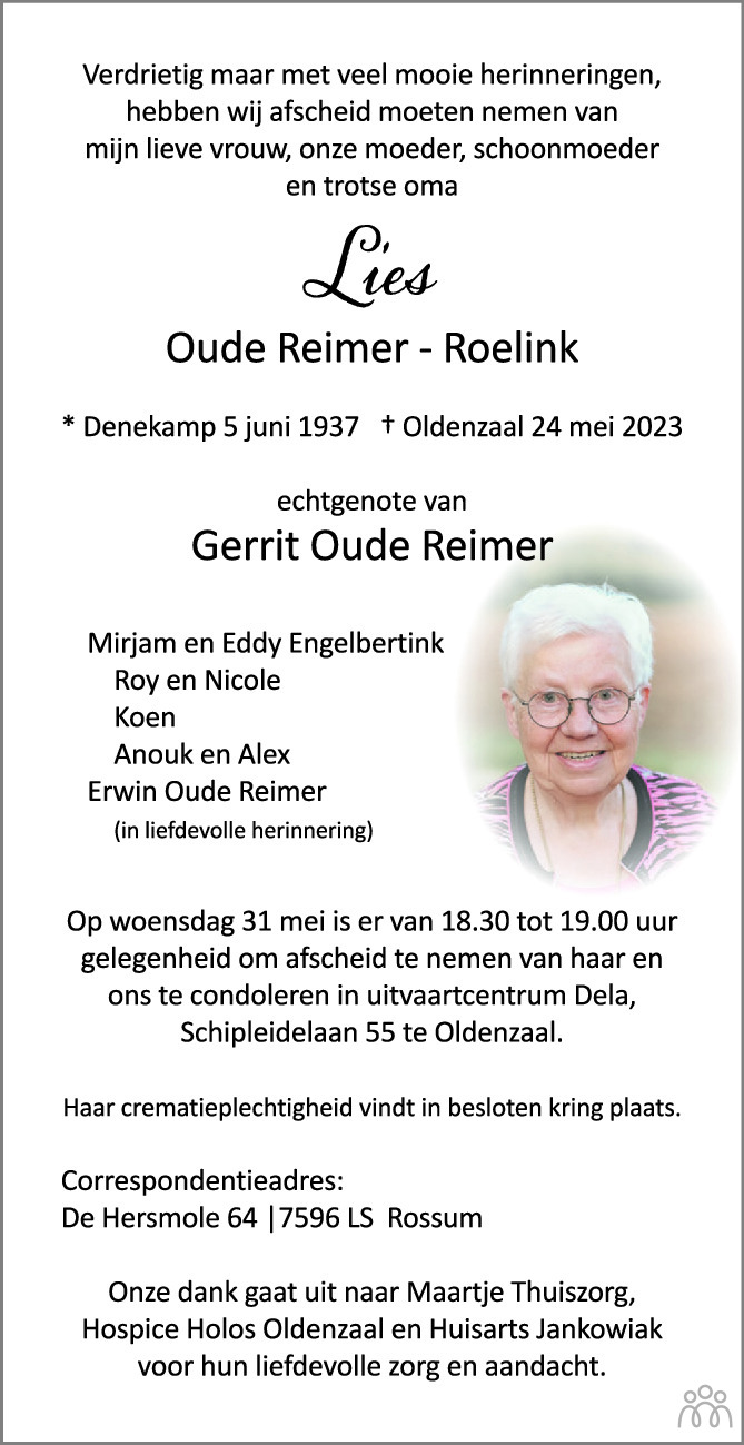Lies Oude Reimer-Roelink 24-05-2023 overlijdensbericht en condoleances - Mensenlinq.nl