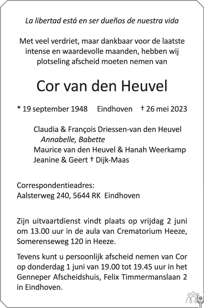 Cor van den Heuvel 26-05-2023 overlijdensbericht en condoleances ...
